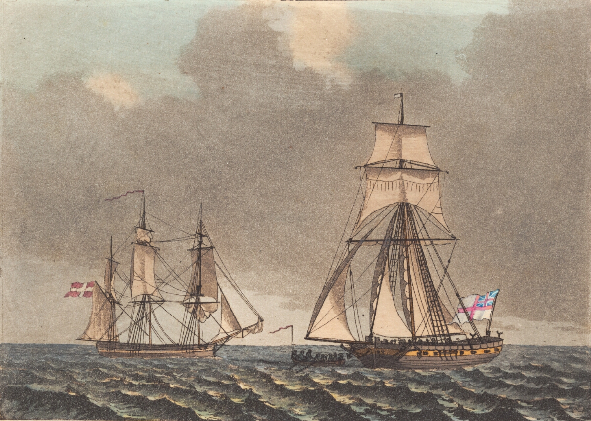 En engelsk kaper visiterende et dansk skib som braser op, 1805, Niels ...