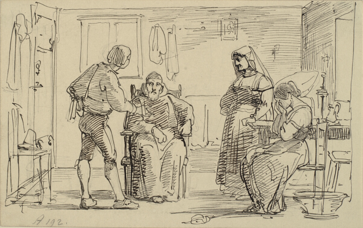 Interiør hvor en ung mand forklarer en siddende munk noget, t.h. grædende pige og gammel kone ...