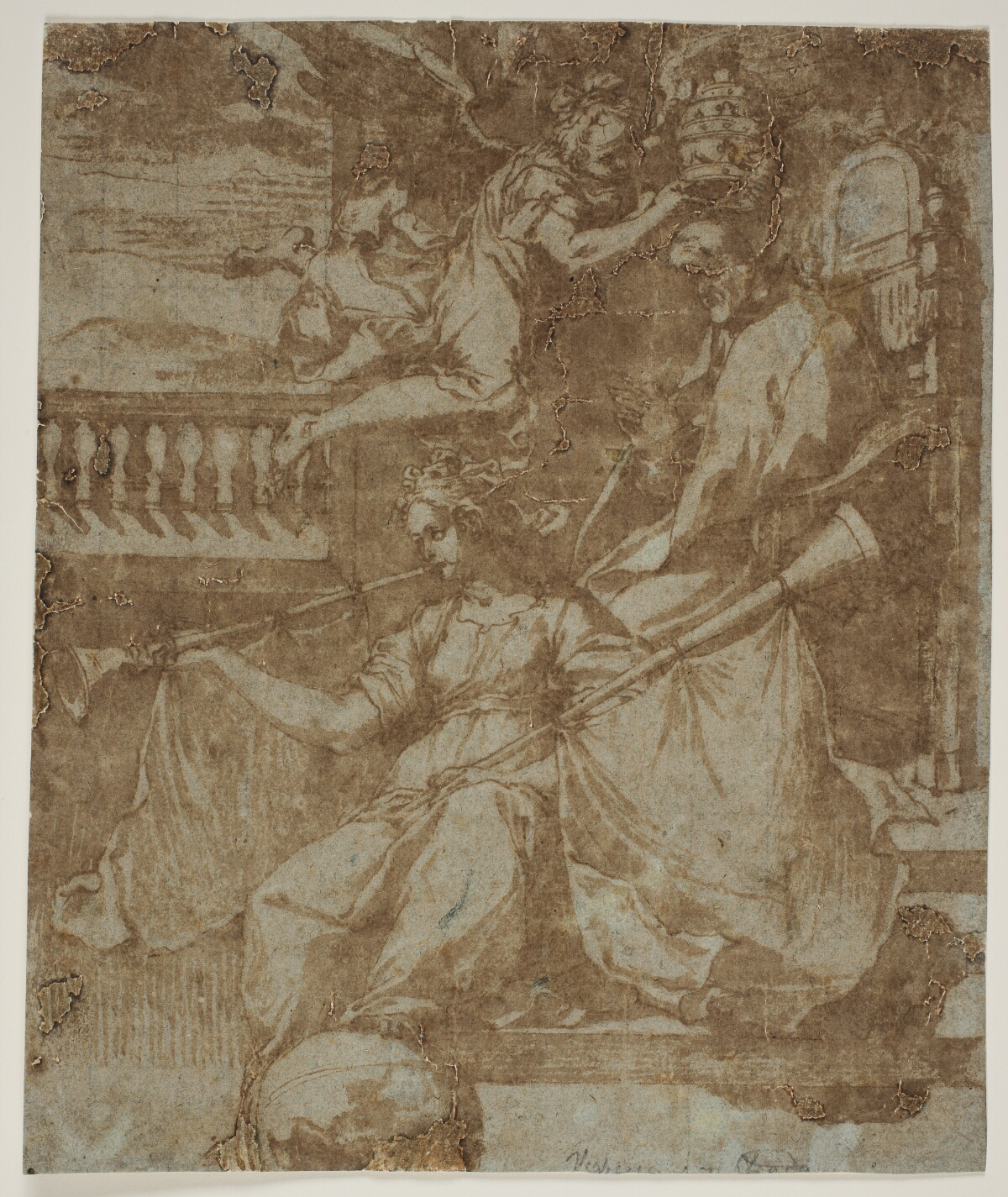 En pave krones af en engel, ved hans fødder sidder Fama med foden ...