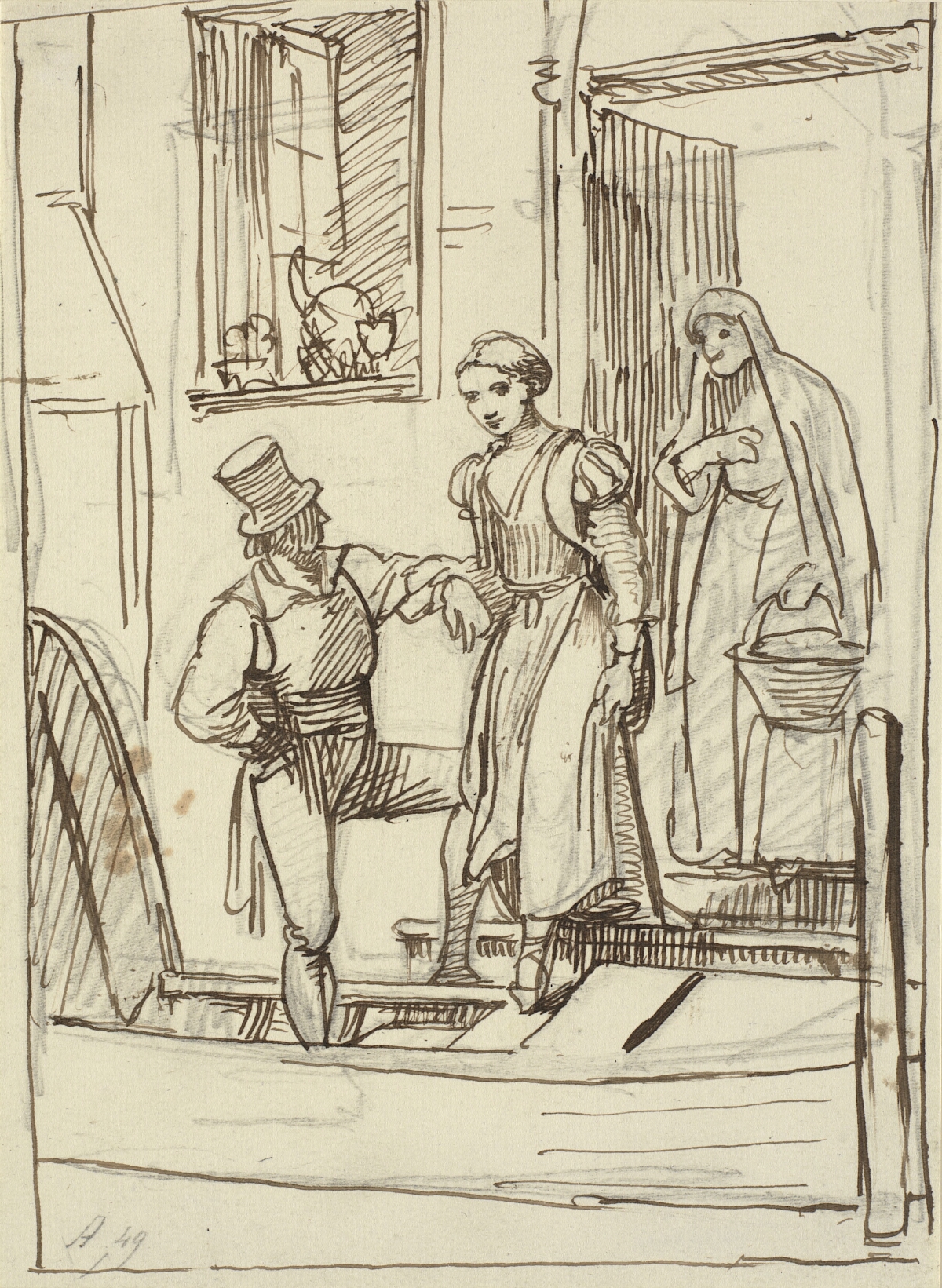 Ung pige og gammel kone hjælpes af en mand ned i en gondol, 1810 – 1873, Wilhelm Marstrand | SMK ...