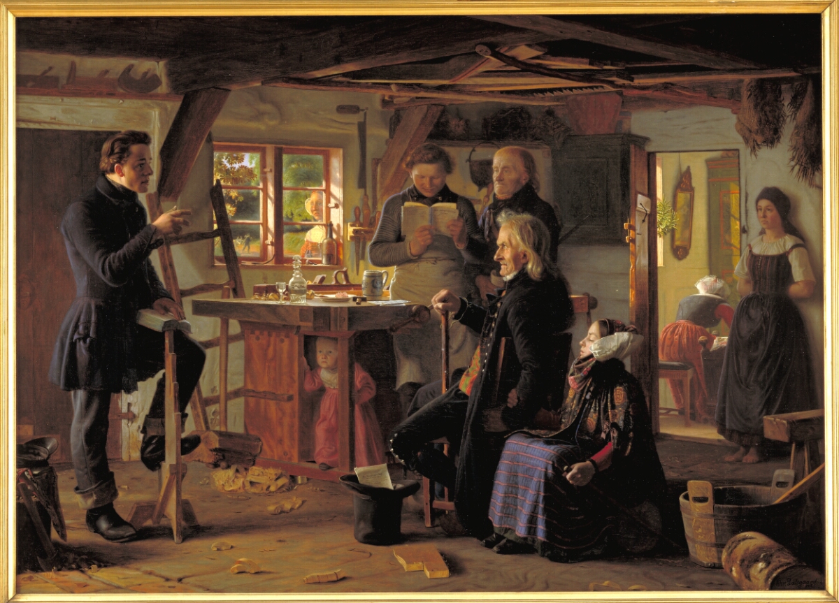 Mormoner på besøg hos en tømrer på landet, 1856, Christen Dalsgaard ...