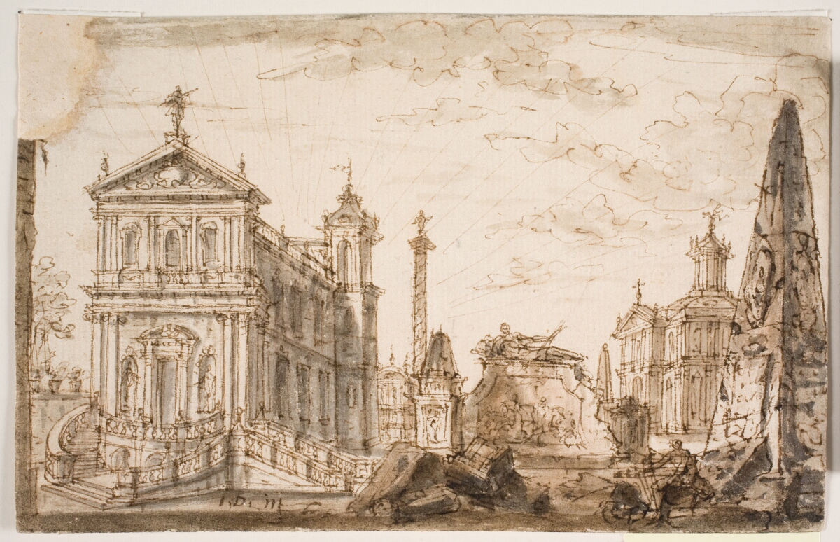 Fantasiprospekt i modlys med kirker, triumfsøjle og obelisk, 1708 ...