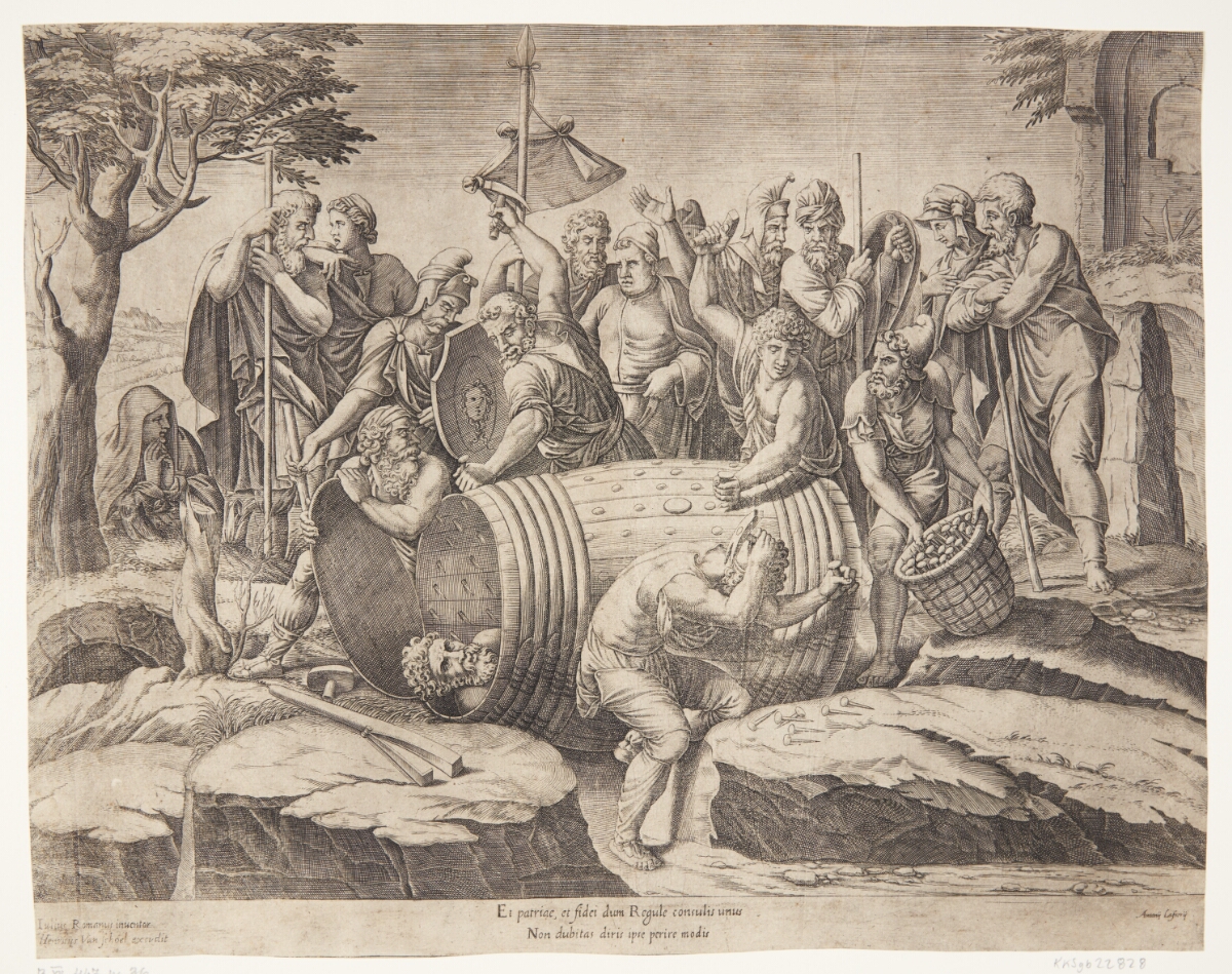 Atilius Regulus i tønden, 1536 – 1588, Diana Scultori, Giulio Romano ...