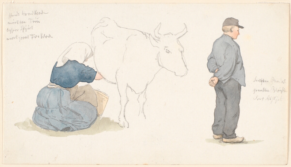 Studieblad med pige, der malker en ko, t.h. stående bonde., 1842 – 1845 ...