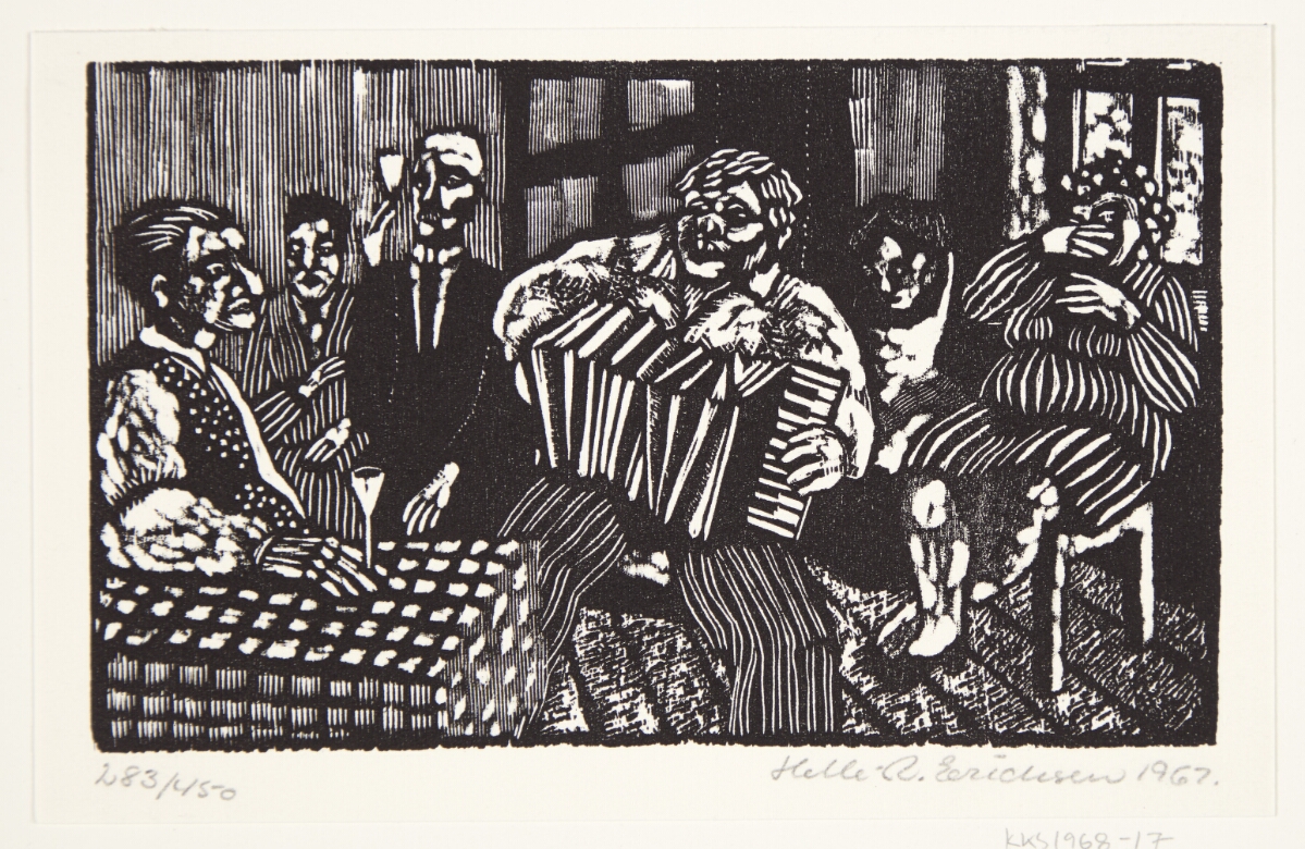 Interiør med harmonikaspiller, 1967, Helle Vibeke Erichsen | SMK Open