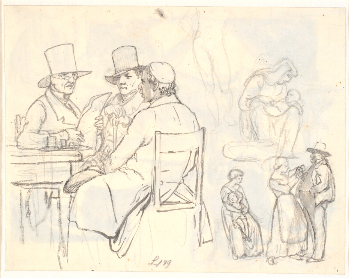 Tre mænd, den ene præst, i samtale ved et cafébord, siddende kvinde med ...