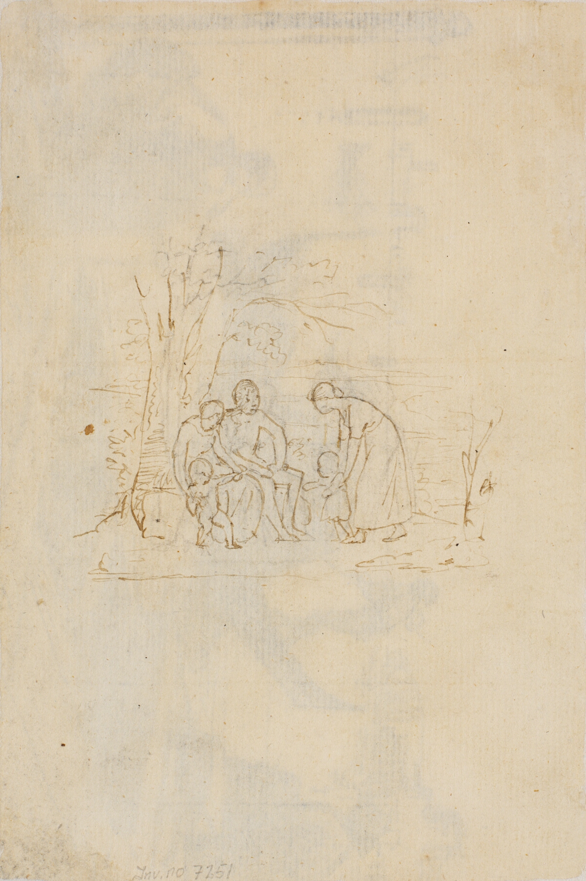 Tre voksne og to børn på en bænk ved et træ, 1810 – 1873, Wilhelm Marstrand | SMK Open