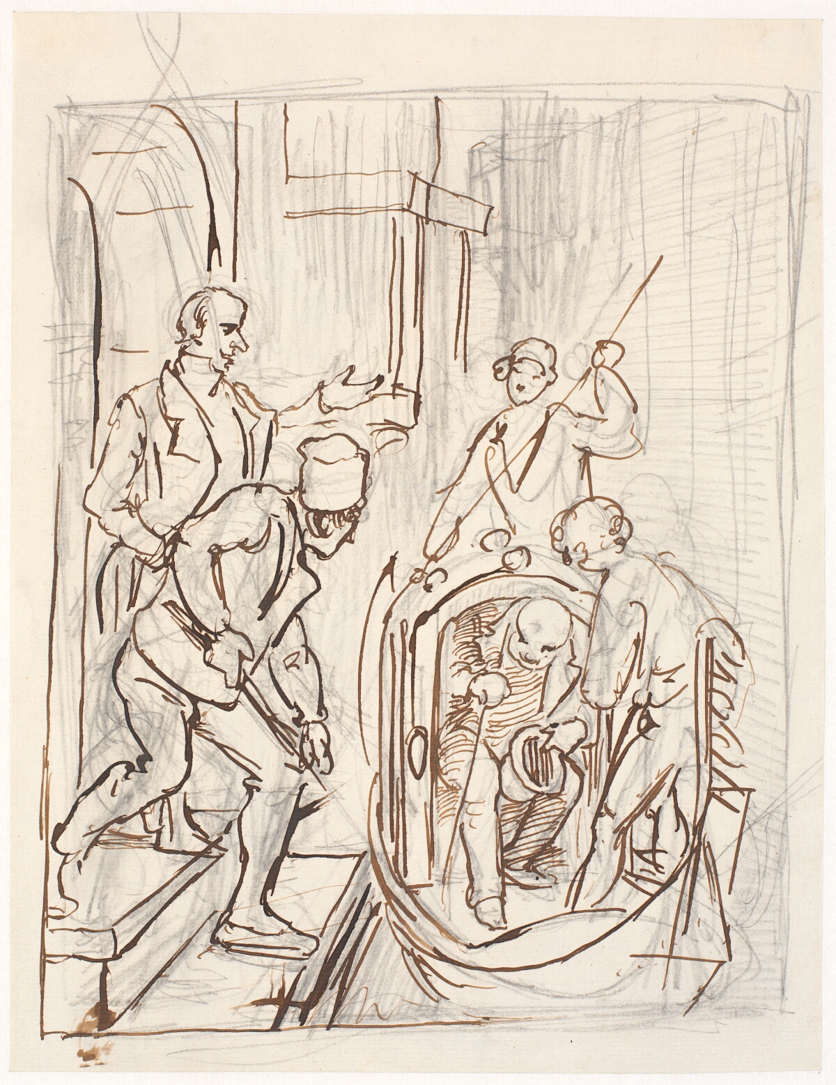 En tyk herre er ved at stige ud af en gondol, 1810 – 1873, Wilhelm Marstrand | SMK Open