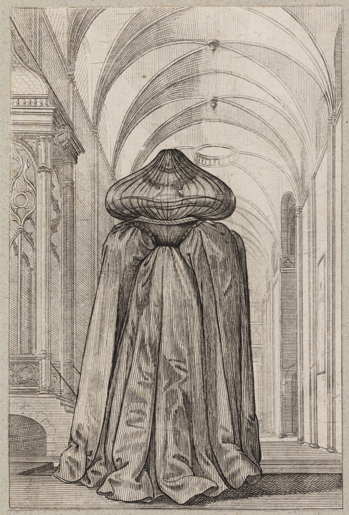 Fransk adelskvinde i sørgedragt, set fra ryggen, 1629, Abraham Bosse ...