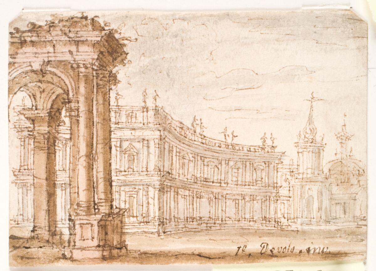 Fantasiprospekt med palads, kolonnade og kirke, 1708 – 1752, John ...