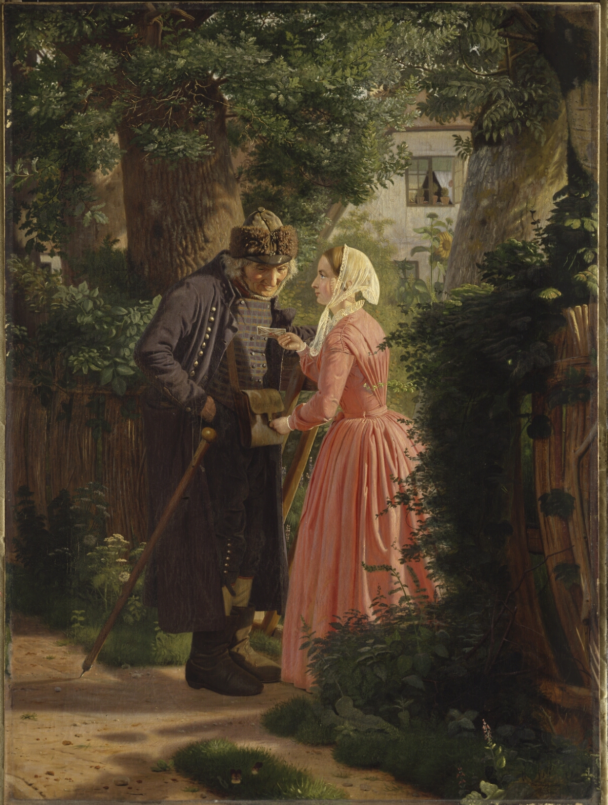 En ung pige beder landsbyens gamle postbud besørge et brev, 1858 ...